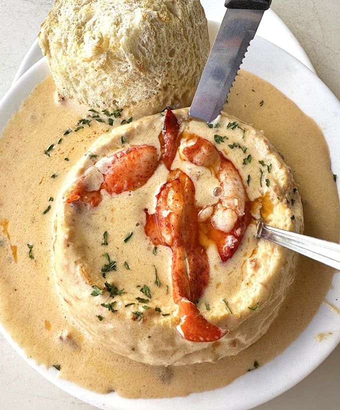 This lobster creation looks like it escaped from a five-star kitchen and found happiness here.