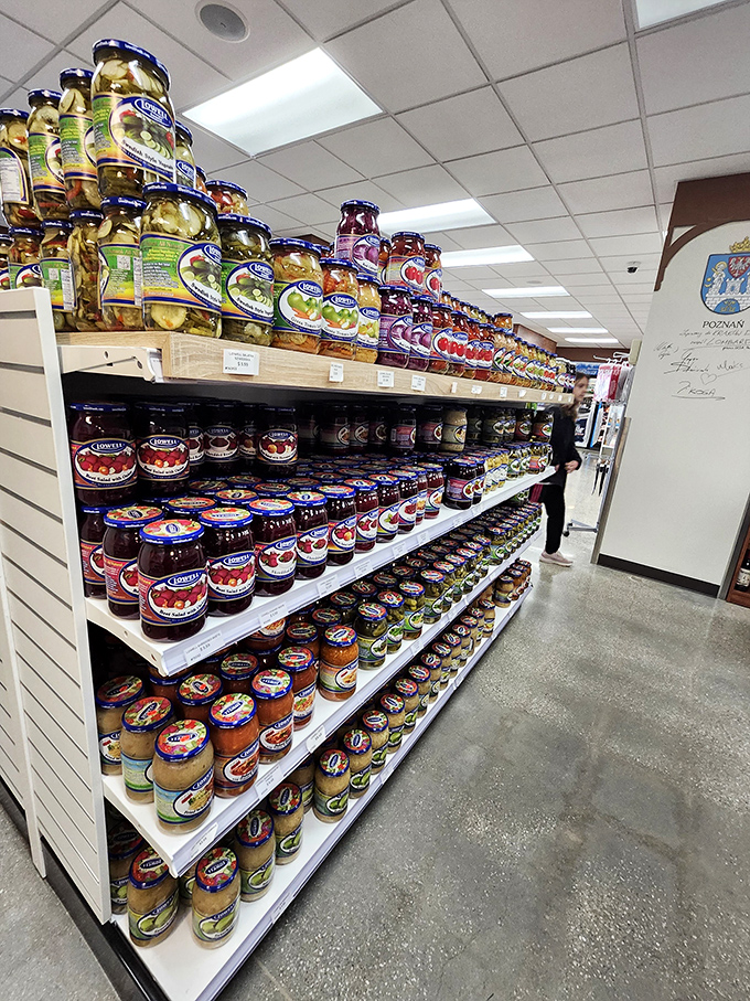 Pickled treasures lined up like soldiers ready for duty. These jars contain flavor bombs waiting to elevate your next sandwich.