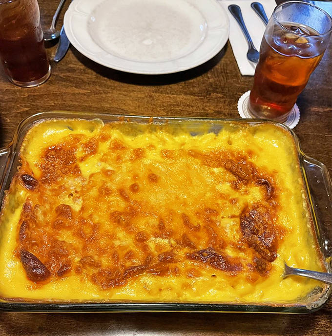 Mac and cheese that's achieved celebrity status in its own right. That golden crust is like nature's way of saying "you're welcome" to humanity.