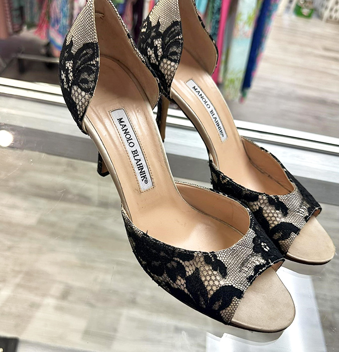 Manolo Blahnik heels that would make Carrie Bradshaw weep tears of consignment shopping joy.