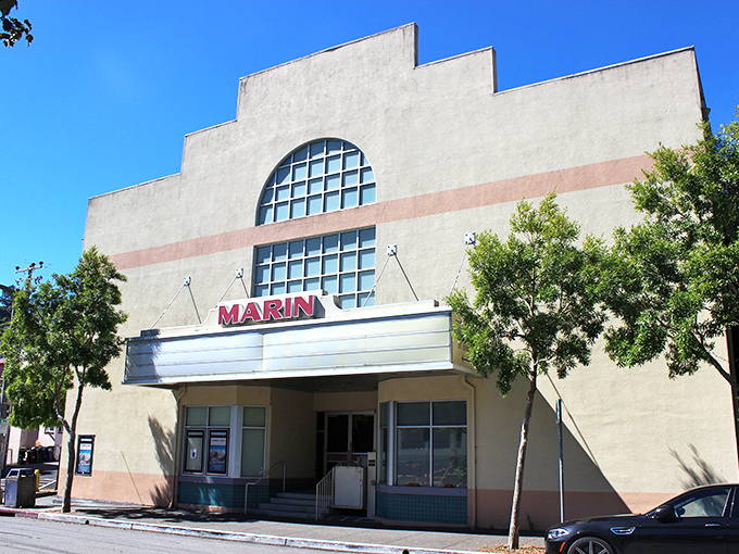 The Marin Theatre's Art Deco fa&ccedil;ade stands as a cultural landmark, its vintage marquee promising entertainment that competes with the drama of Sausalito's natural setting.