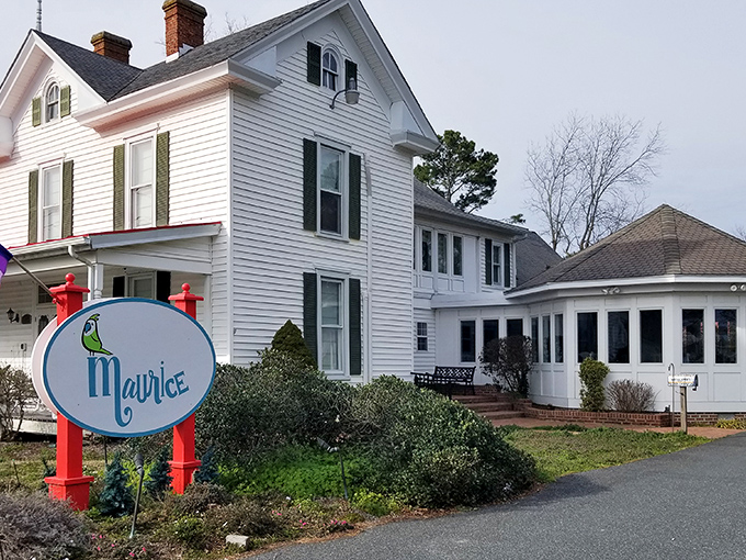 Maurice: Where that charming Victorian architecture meets contemporary comfort. The parrot sign suggests a personality as colorful as the building.