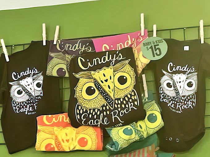 Cindy's owl-themed merchandise proves that even the coolest diners need mascots. Eagle Rock's feathered ambassador watches over your breakfast adventures.