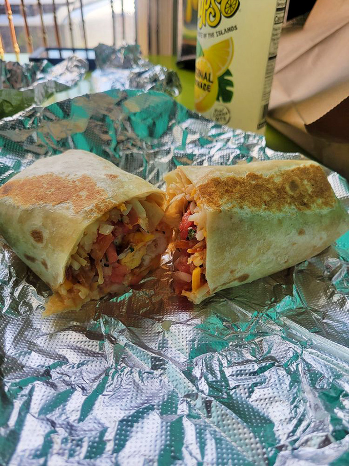 This burrito, wrapped like a present, contains multitudes. The cross-section reveals the careful architecture of flavor that awaits inside.