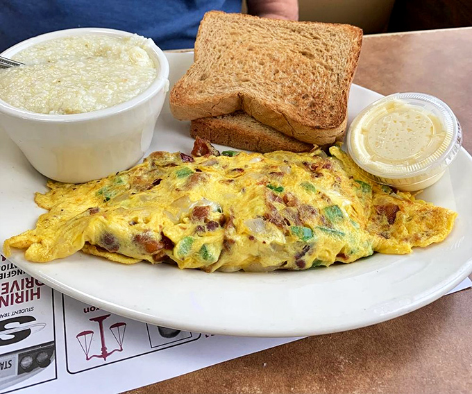 An omelet that's seen things &ndash; packed with fillings and served with grits that would make any Southerner nod in approval.