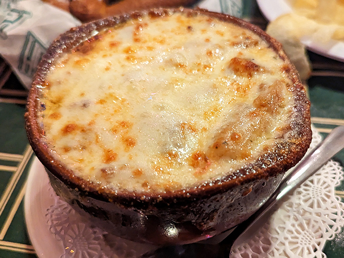 French onion soup that's achieved the perfect cheese-pull potential &ndash; a bubbling cauldron of comfort that's worth the inevitable chin dribble.