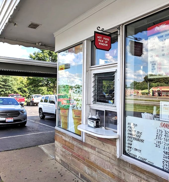 Even the ordering window has that nostalgic charm &ndash; a red sign simply stating "HOT FOOD PICK UP WINDOW" is all the direction you need.