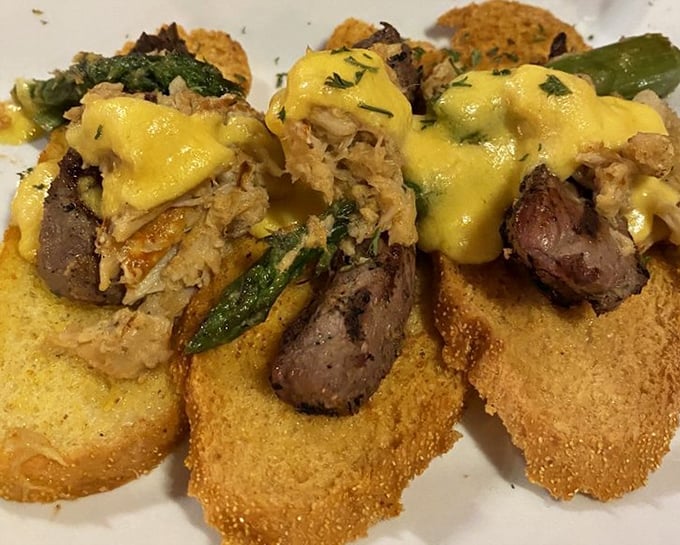 These crostini topped with tender beef, crab and hollandaise are like tiny edible thrones for the kings and queens of flavor.