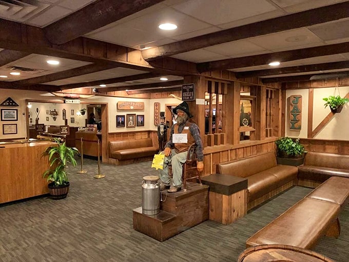 The waiting area speaks to Angelo's enduring charm – rustic wooden benches, vintage decor, and a figurine that's seen decades of hungry patrons