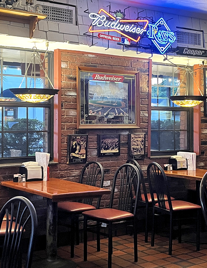Rays memorabilia and Budweiser signs create the perfect backdrop for burger bliss. This isn't d&eacute;cor&mdash;it's a timeline of Tampa Bay sports history.
