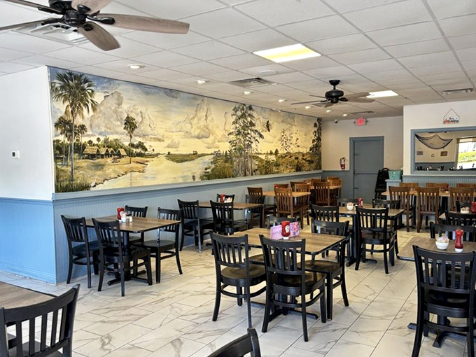 A sprawling Florida landscape mural watches over diners, a visual reminder that you're eating seafood in its natural habitat&mdash;minus the sand in your shoes.