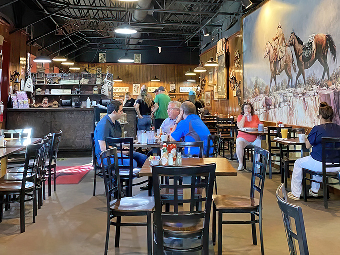 High ceilings, Western murals, and tables full of hungry Texans&mdash;breakfast theater at its finest, no reservations required.