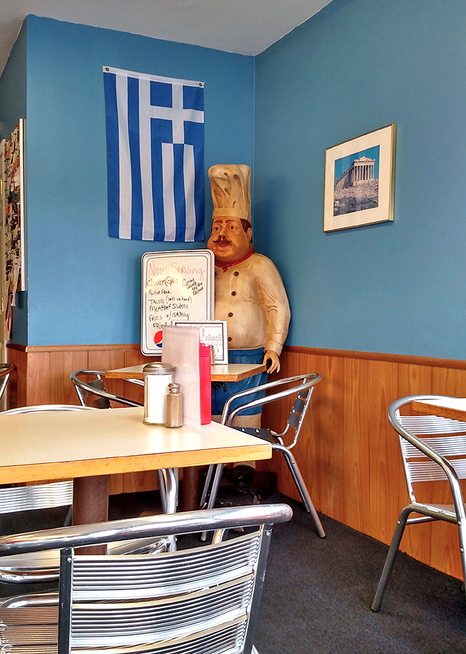 Greek heritage proudly on display with blue walls, Hellenic flag, and a chef statue standing guard over this corner of Ohio's culinary landscape.