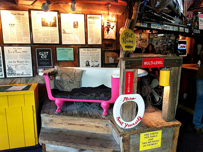 Pink bathtubs repurposed as seating? Only at Le Tub, where the wall of accolades proves that weird and wonderful is a winning combination.