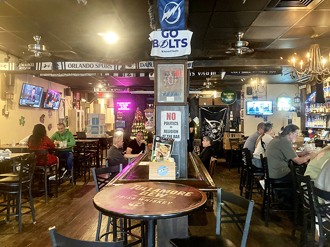 Sports on the screens, Tampa Bay team flags overhead, and a sign declaring "No Politics or Religion"&mdash;the perfect recipe for pub harmony.