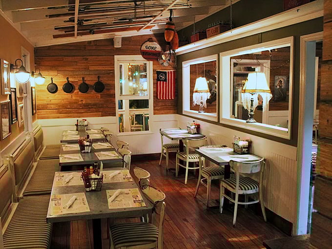 Rustic charm meets maritime history in a dining room where every wooden plank seems to have a story worth hearing.