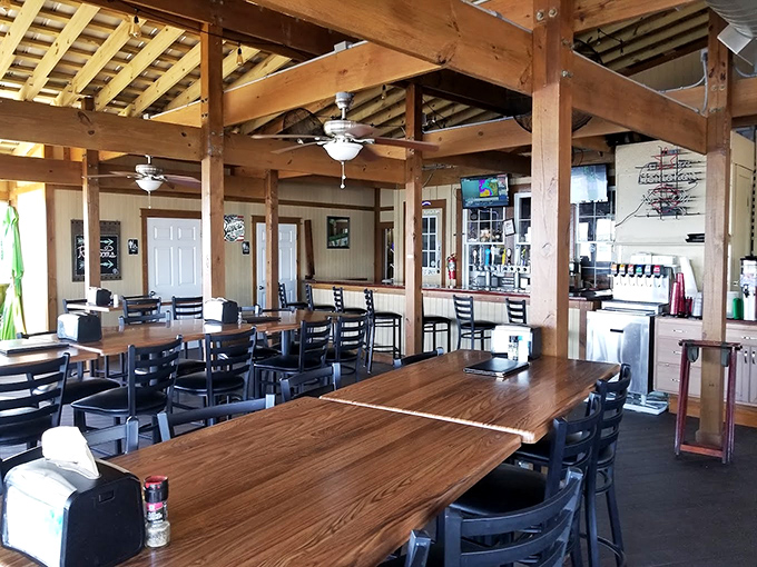 High ceilings, wooden beams, and plenty of seating&mdash;The Shack's spacious interior manages to feel both airy and intimately coastal at once.