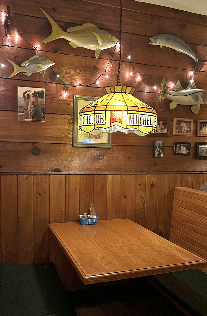 Vintage fish mounts and twinkling lights create the perfect backdrop for seafood stories and satisfied sighs.