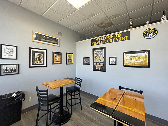 Welcome to Steeler Country indeed—where pizza and Pittsburgh pride share equal billing in this cozy corner.