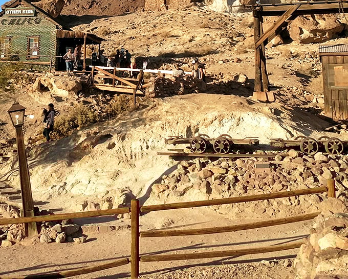 Mining equipment stands frozen in time, a monument to industrial ingenuity. These rails once carried silver ore but now transport visitors' imaginations instead.