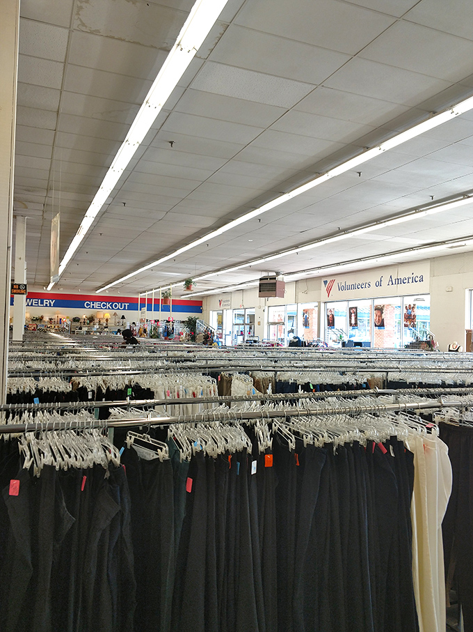 The view from the back reveals the true scale of this thrifting metropolis. Endless racks of possibilities stretch toward the checkout counters.