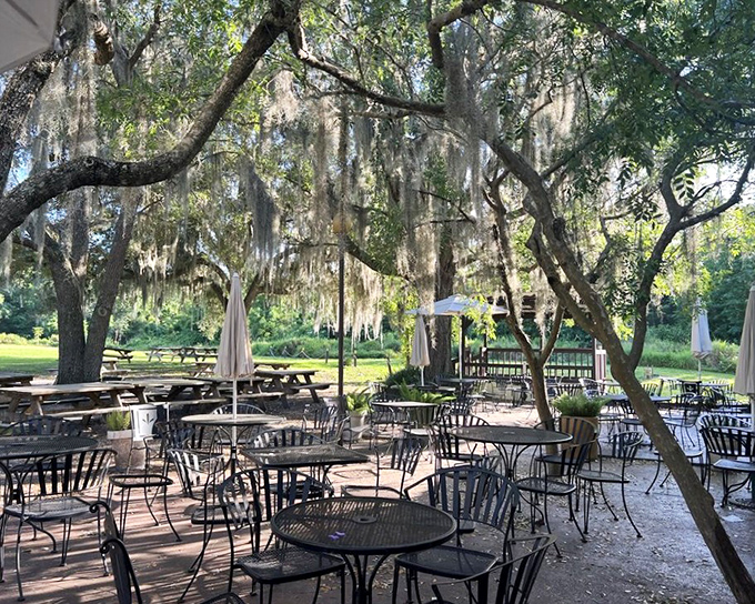 Dappled sunlight, Spanish moss, and the scent of fresh bread&mdash;this outdoor seating area under Florida oaks creates a magical dining atmosphere.