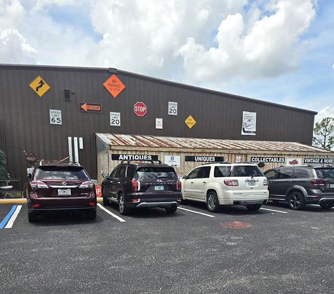 Even the exterior celebrates vintage Americana with its collection of road signs. The parking lot itself is the first exhibit you'll encounter.