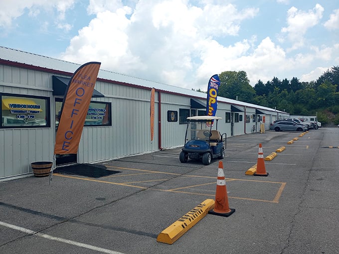 The market's exterior might be humble, but those flags announce "opportunity awaits" like carnival barkers for bargain hunters.