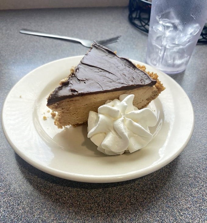 Chocolate peanut butter pie that makes you wonder why you'd ever waste calories on lesser desserts. A slice of pure, unadulterated joy.