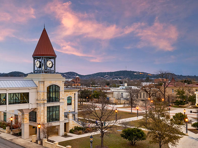 Peterson Plaza's clock tower glows beautifully at sunset, serving as both a meeting point and a symbol of the town's charm.
