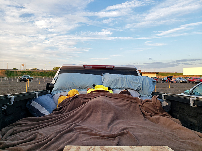 The pickup truck bed transformed into the world's coziest living room&mdash;complete with pillows, blankets, and the best ceiling any movie theater could offer.