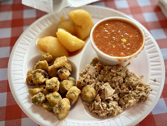 This plate tells the story of North Carolina in three acts: smoky meat, hearty stew, and golden-fried comfort.