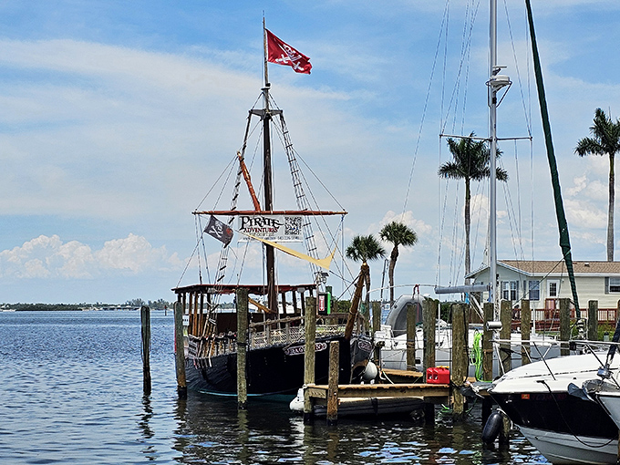 A pirate ship docked in Cortez Harbor &ndash; because even buccaneers appreciate fresh seafood and postcard-worthy sunsets.