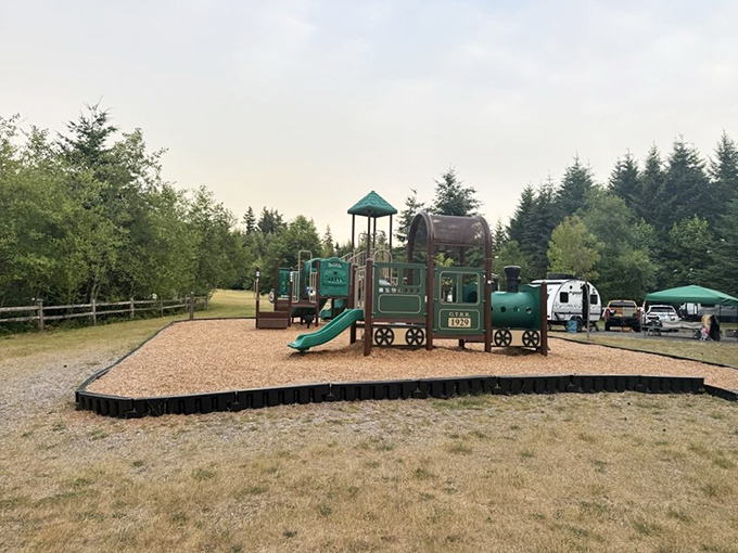 The train-themed playground delights young adventurers. Parents appreciate the thoughtful design that tires kids out before bedtime.
