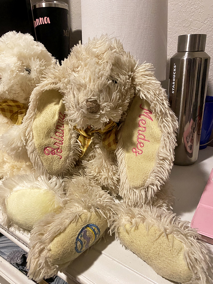 This plush bunny has seen things. With "Grandma" embroidered on its feet, it's either adorably sweet or the start of a children's book with a twist.