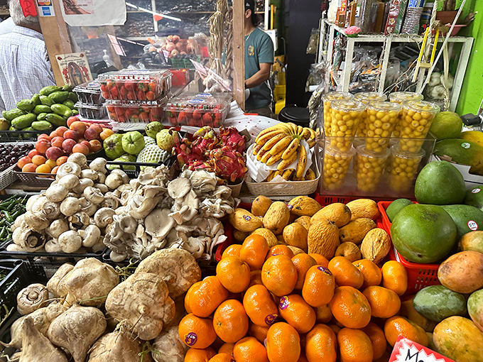 Mountains of fresh produce that look like they were arranged by someone who really loves Tetris.