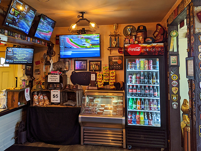The beverage station and memorabilia wall tell stories of community connections&mdash;this place feeds both body and hometown pride.