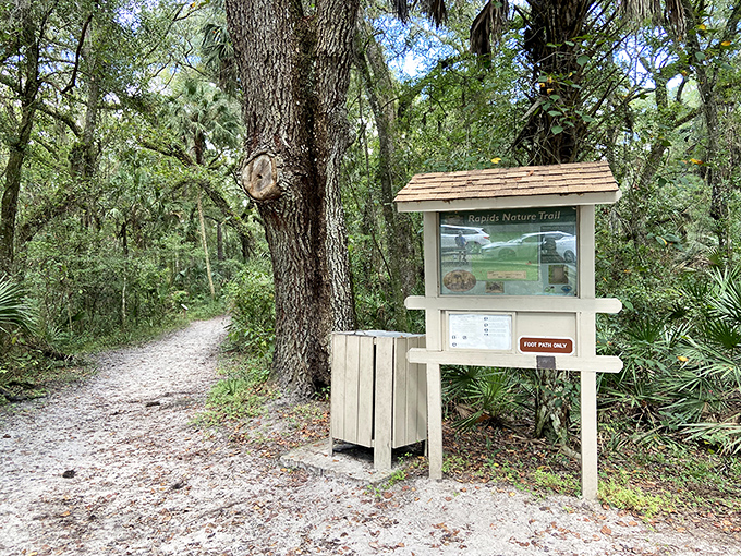 The Rapids Nature Trail sign stands guard at the trailhead, promising adventures that won't require your phone's navigation app.