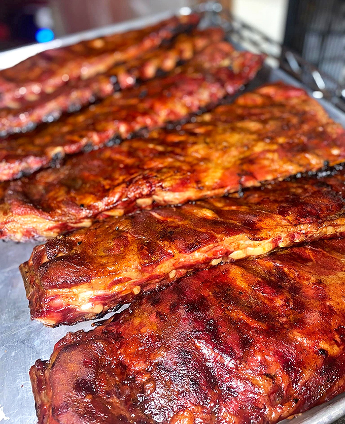 Ribs that would make Fred Flintstone weep with joy. The precise arrangement suggests civilization, but eating them will return you to delicious primal instincts.