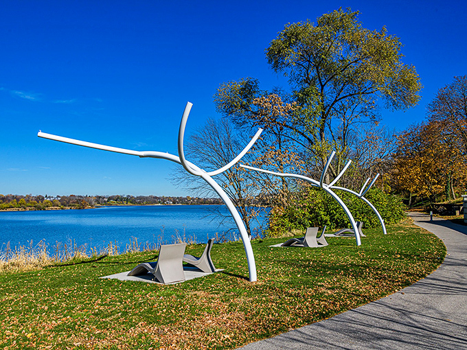 Riverside Park's sculptural seating transforms the ordinary act of watching the Maumee River into a modern art experience.