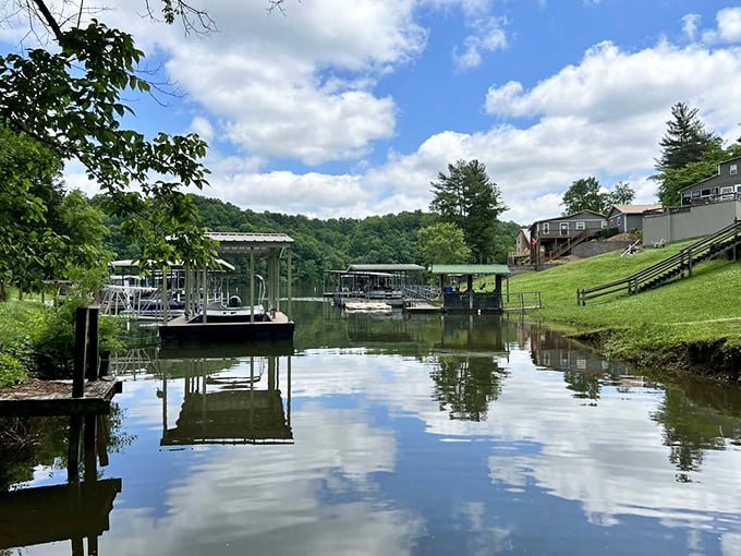 Tims Ford Lake offers peaceful reflections just minutes from downtown. The still waters and boat docks provide a perfect counterpoint to Lynchburg's bustling square.