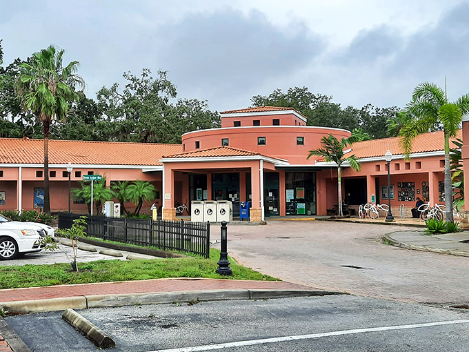 The coral-hued Public Library serves as both knowledge hub and architectural standout. Books with a side of Florida sunshine.