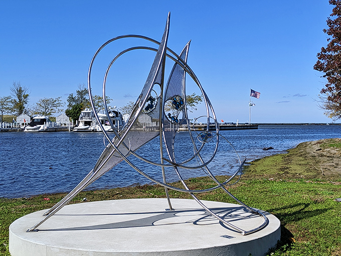 Art meets water in this harborside sculpture, proving New Buffalo understands that lakefront views deserve equally captivating foreground elements.