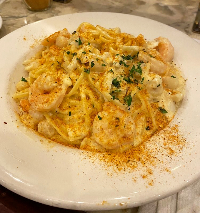 This seafood alfredo doesn't whisper "indulgence"—it belts it out like Aretha Franklin demanding R-E-S-P-E-C-T for Maryland's seafood prowess.