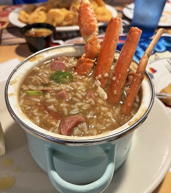 This seafood gumbo with crab legs standing at attention is practically saluting your taste buds before you take the first spoonful.