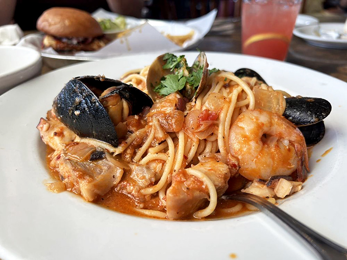 Seafood linguine where the pasta knows its role &ndash; supporting the true stars of the ocean. A Mediterranean dream in California.