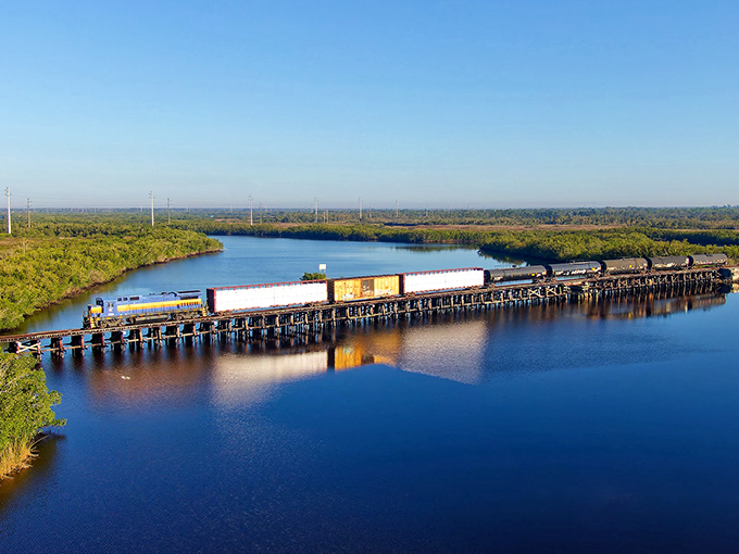 Shell Creek unfolds beneath the train's wheels, offering passengers a glimpse of Florida's natural beauty that car travelers never get to see.