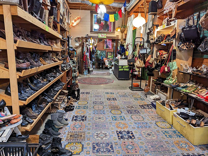 A shoe lover's dream corridor, where vintage boots and modern sneakers coexist on shelves like a footwear timeline.