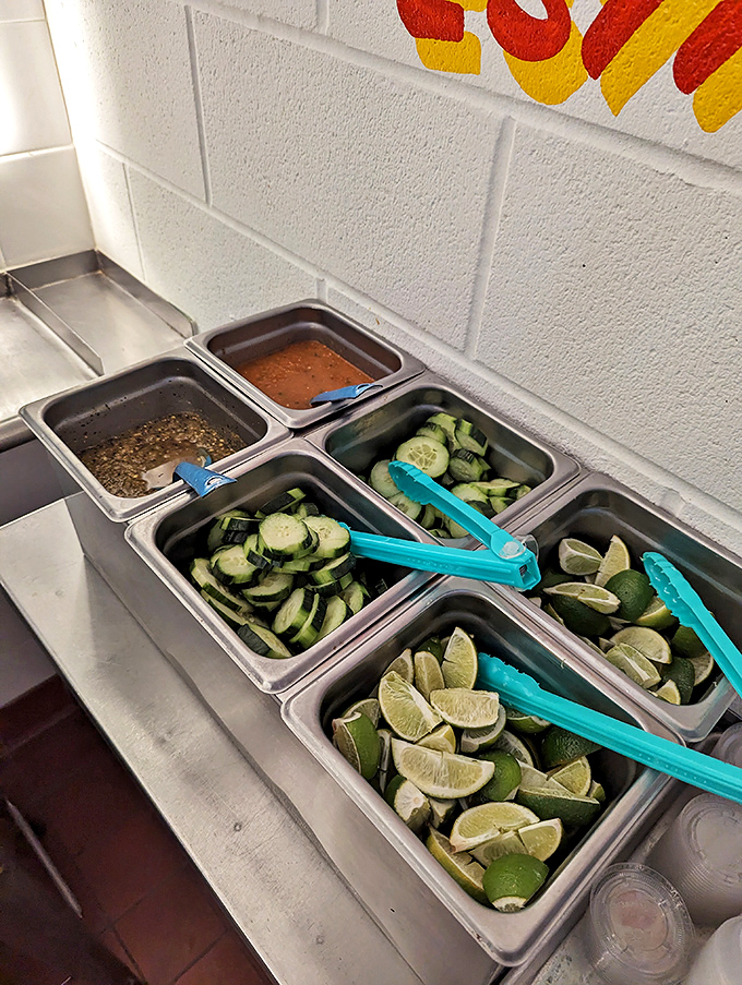The condiment station&mdash;a treasure trove of fresh limes, cucumbers, and salsas that transform good tacos into personalized masterpieces.