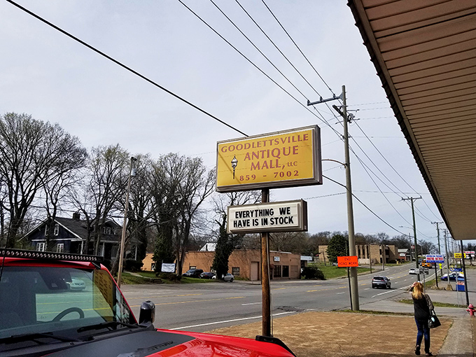 "Everything we have is in stock" might be the understatement of the century. The sign promises treasures, and the mall delivers.